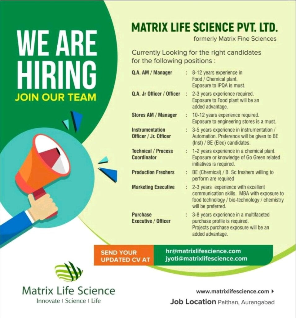 Matrix Life Sciences Pvt Ltd Paithan Recruitment | QA | Production ...